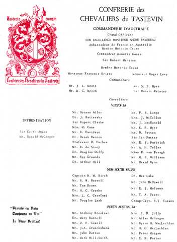 Confrerie des chevaliers du tastevin (Australia) : menu.