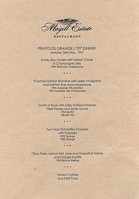 Magill Estate ? Penfolds Grange/707 dinner 26 May 1997
